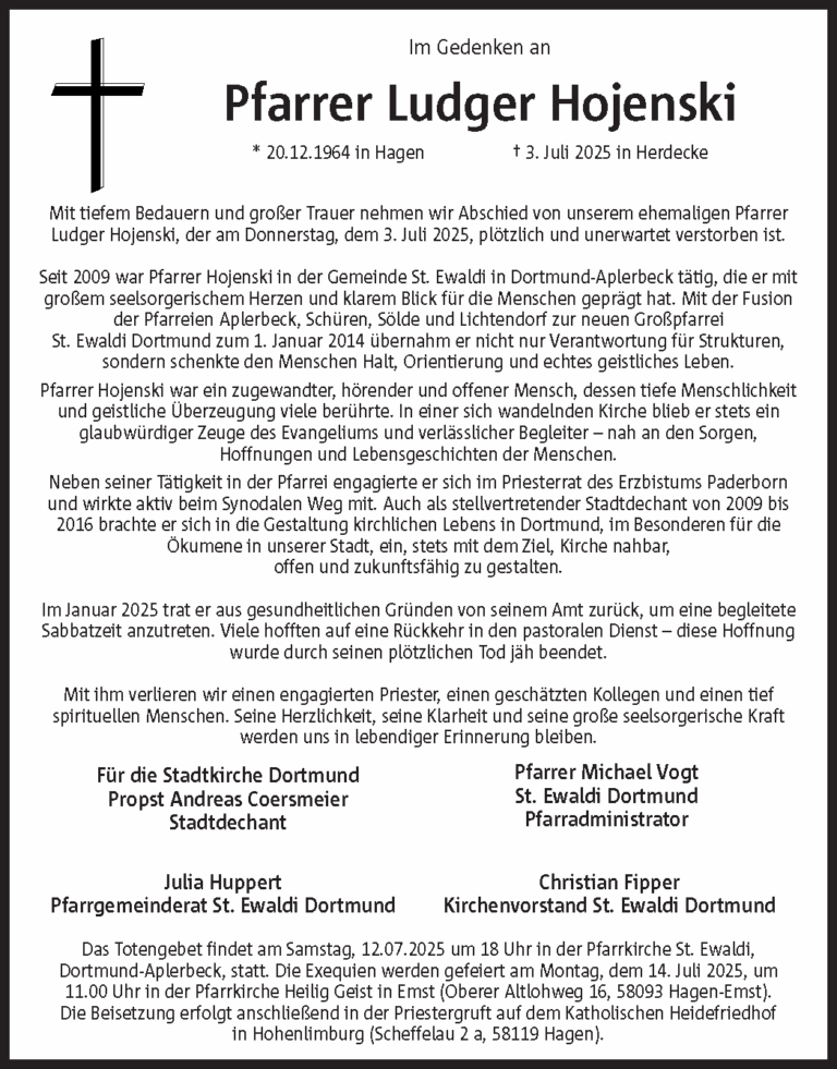 Trauer um Pfarrer Ludger Hojenski - Pfarrei St. Ewaldi Dortmund